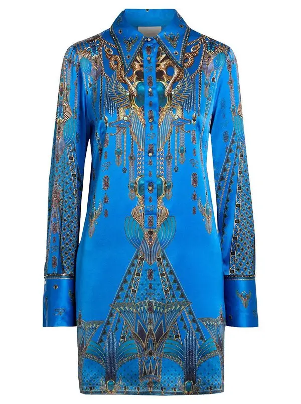 Camilla Crystal-embellished Printed Silk-satin Mini Shirt Dress - Bright Blue
