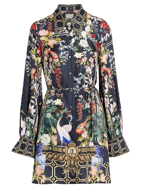 Camilla Crystal-embellished Printed Silk-twill Mini Shirt Dress - Midnight Blue