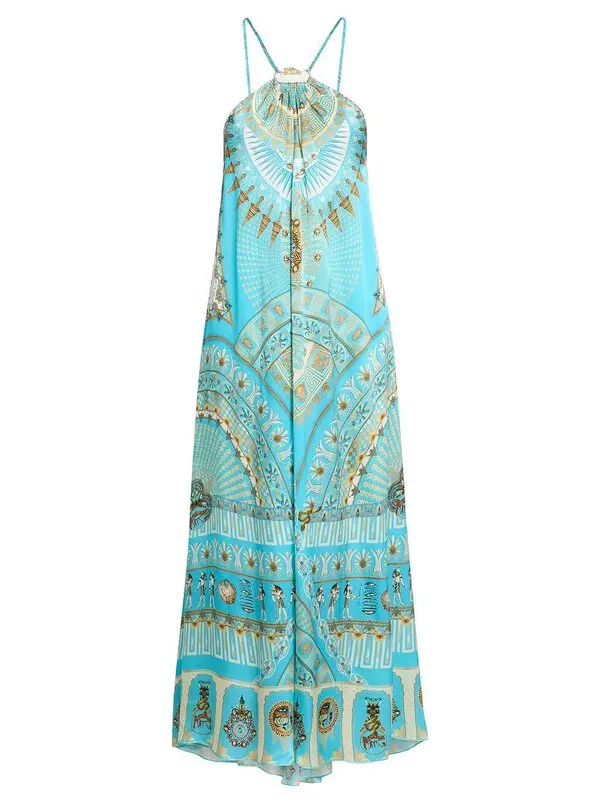 Camilla Embellished Printed Silksatin Halterneck Maxi Dress - Turquoise