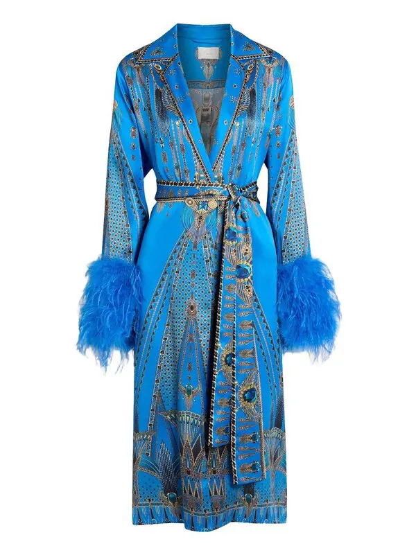 Camilla Crystal-embellished Printed Silk-satin Coat - Bright Blue