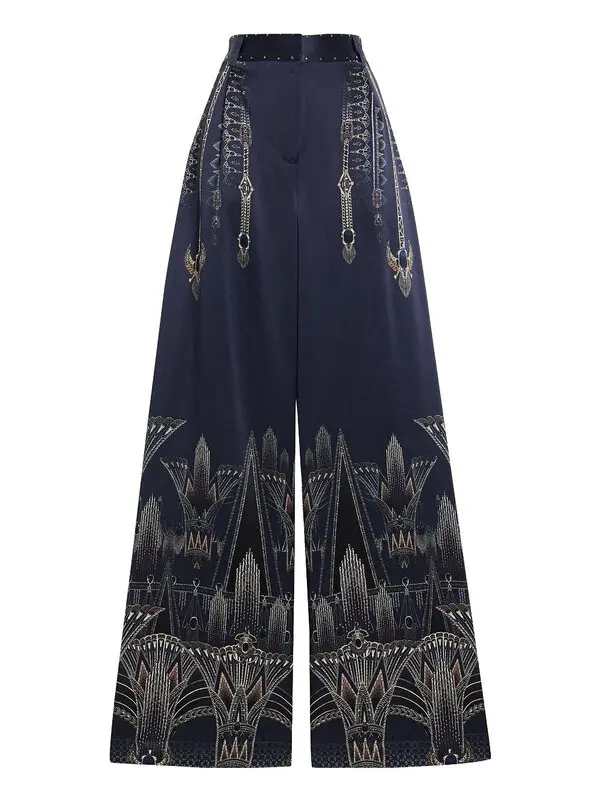 Camilla Crystal-embellished Printed Wide-leg Pants - Navy