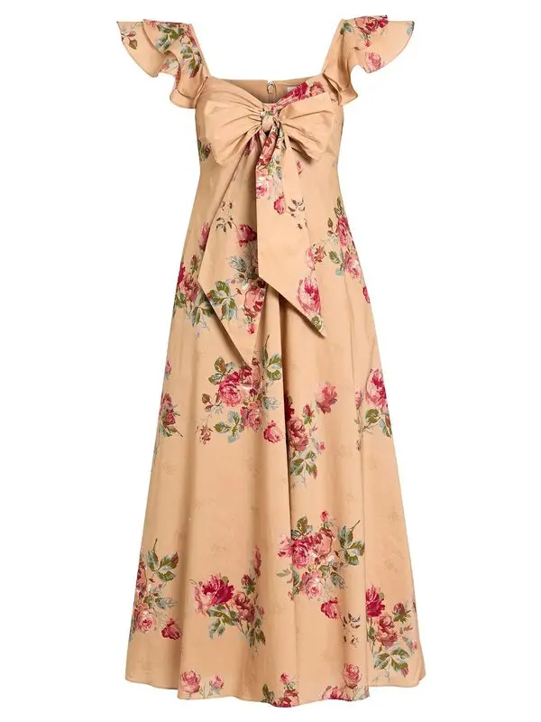 MIKAEL AGHAL Bow-detailed Floral-print Cotton-poplin Midi Dress - Sand