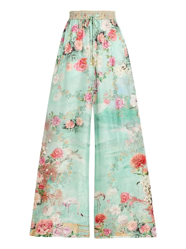 Camilla Crystal-embellished Printed Satin-jacquard Wide-leg Pants - Mint