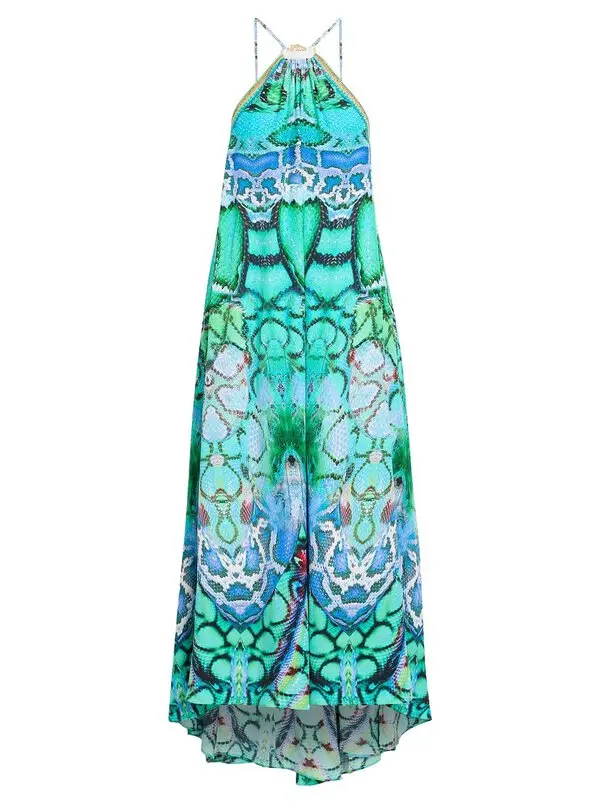 Camilla Embellished Printed Silksatin Halterneck Maxi Dress - Turquoise