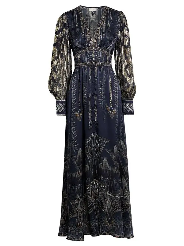 Camilla Crystal-embellished Printed Silk-satin And Metallic Fil Coupé Maxi Dress - Navy