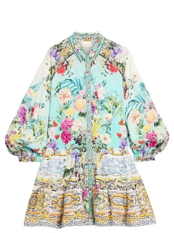 Camilla Crystal-embellished Printed Mini Shirt Dress - Turquoise