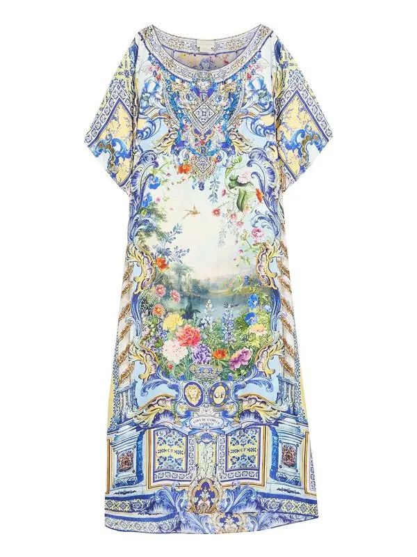 Camilla Crystal-embellished Printed Silk Kaftan - Bright Blue