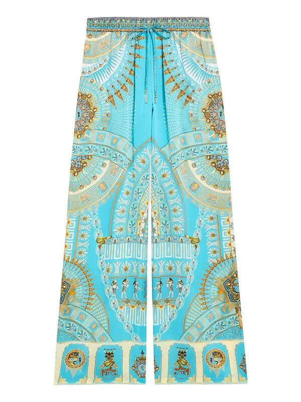 Camilla Crystal-embellished Printed Silk-satin Wide-leg Pants - Turquoise