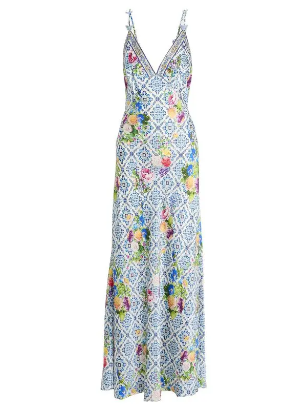 Camilla Crystal-embellished Printed Silk-twill Maxi Slip Dress - Blue