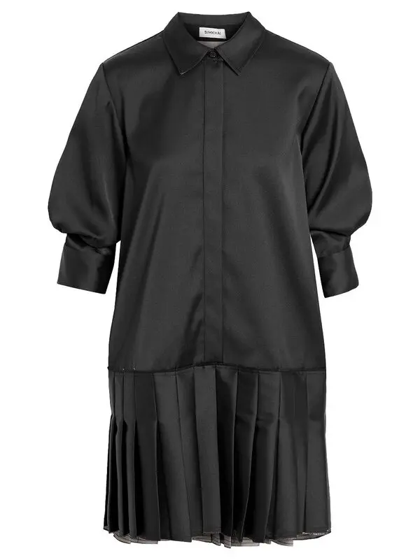 Simkhai Regina Pleated Twill Mini Shirt Dress - Black