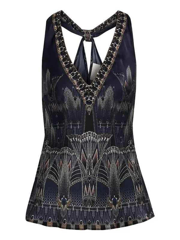 Camilla Crystal-embellished Printed Silk Tank - Navy