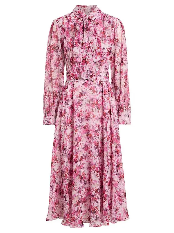 MIKAEL AGHAL Pussy-bow Metallic Floral-print Crepon Midi Dress - Pink