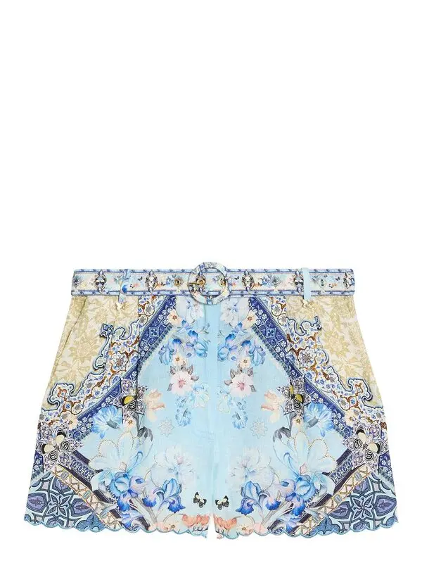 Camilla Belted Printed Linen Shorts - Light Blue