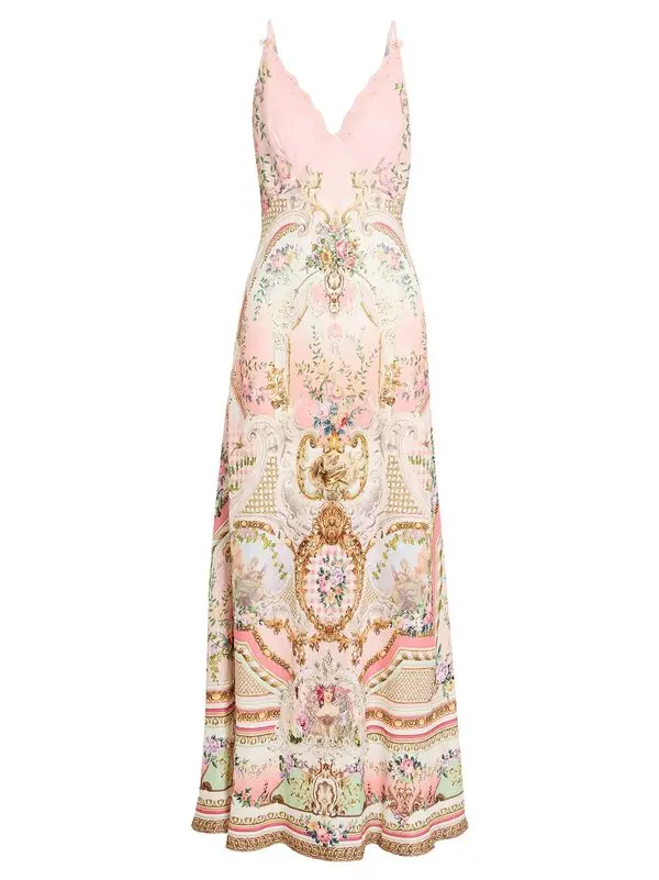 Camilla Embellished Printed Linen Maxi Dress - Baby Pink