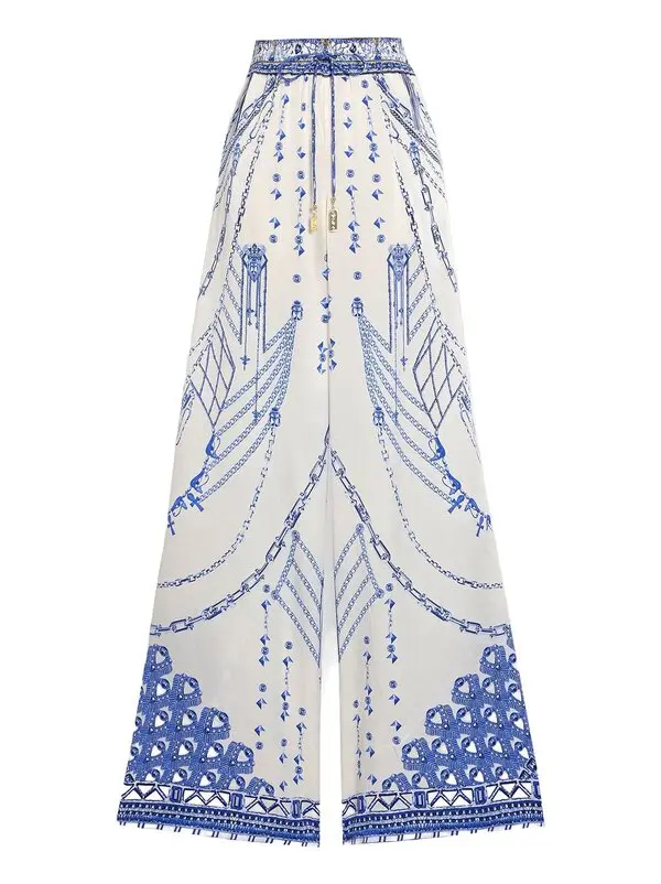 Camilla Crystal-embellished Printed Silk-satin Wide-leg Pants - White