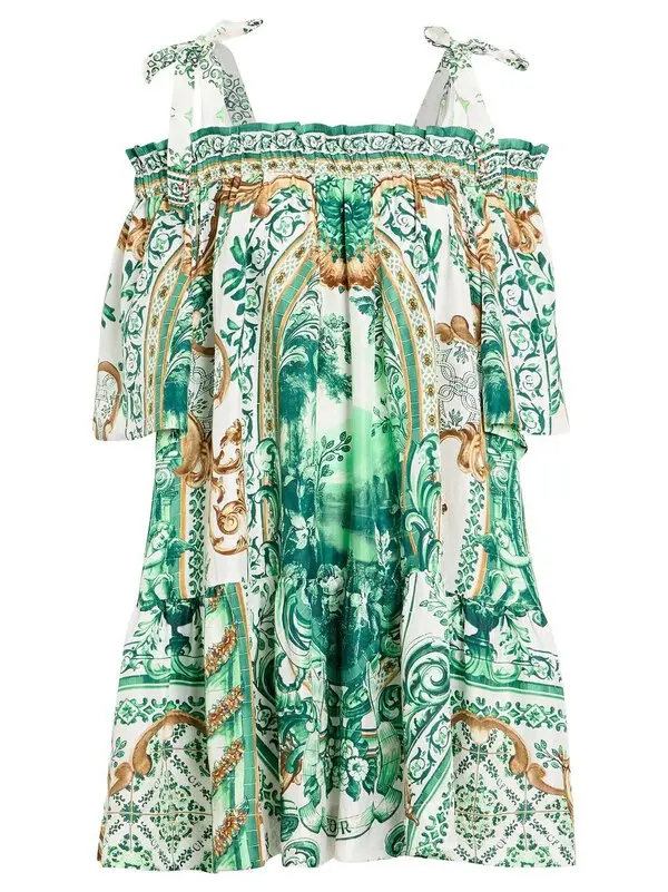 Camilla Colds Shoulder Printed Silk-twill Mini Dress - Green