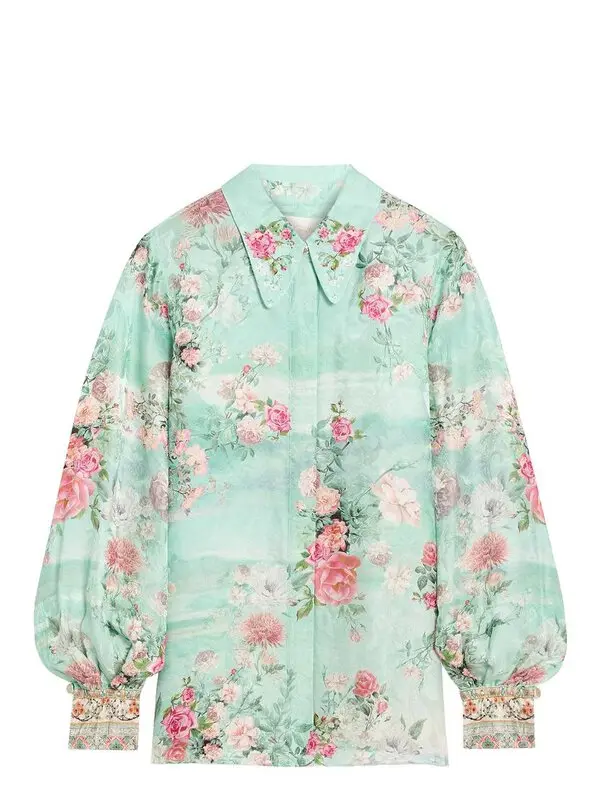 Camilla Crystal-embellished Printed Satin-jacquard Shirt - Mint