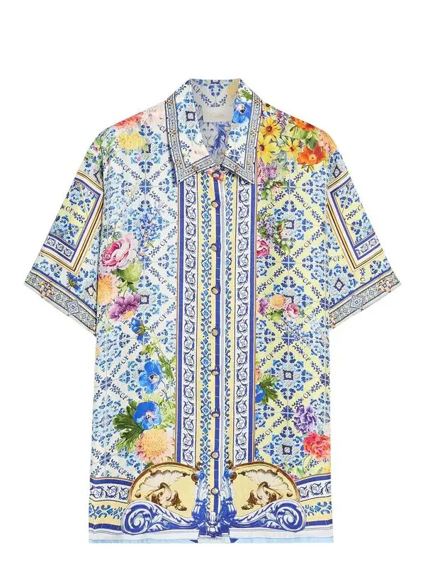 Camilla Crystal-embellished Printed Silk-twill Shirt - Blue