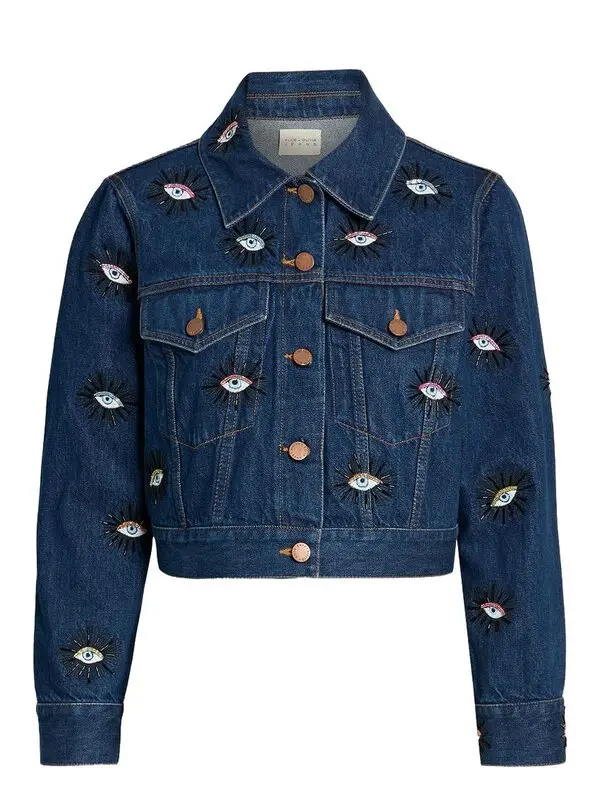 Alice + Olivia Chloe Embellished Cropped Denim Jacket - Dark Denim