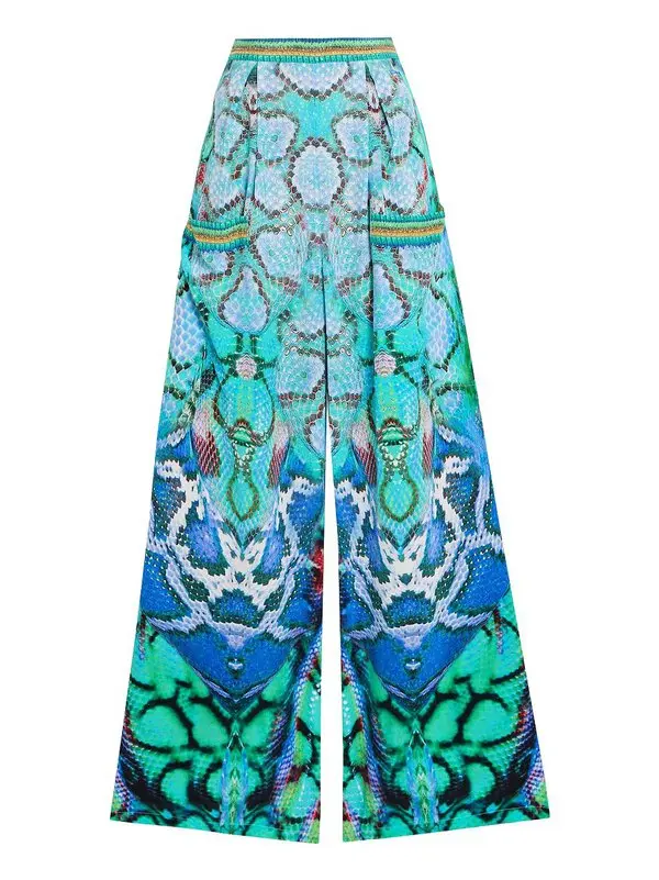 Camilla Crystal-embellished Printed Wide-leg Pants - Turquoise