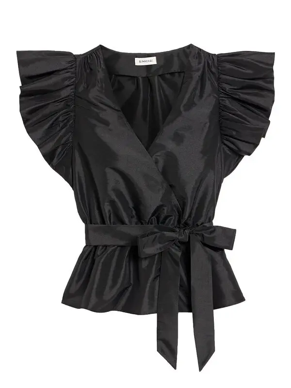 Simkhai Adelaide Wrap-effect Ruffled Taffeta Top - Black