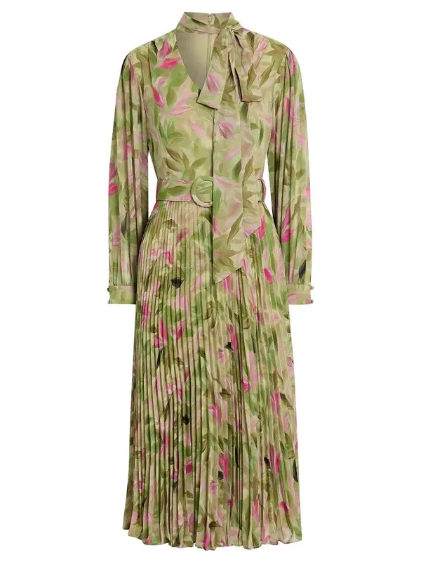 MIKAEL AGHAL Pleated Floral-print Crepe De Chine Midi Dress With Detachable Necktie And Belt - Leaf Green