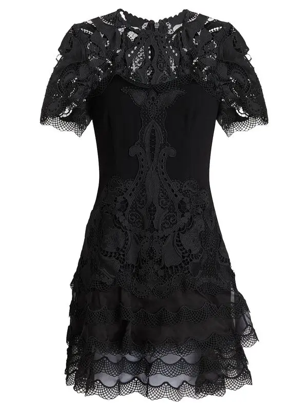 Simkhai Paislee Tiered Guipure Lace, Crepe, And Organza Mini Dress - Black