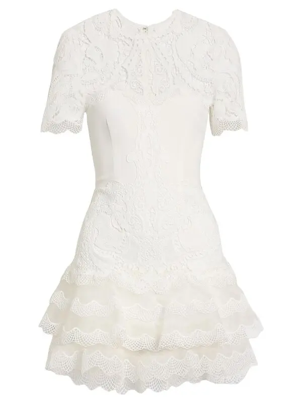 Simkhai Paislee Tiered Guipure Lace, Crepe, And Organza Mini Dress - White