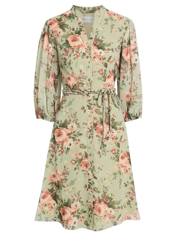 MIKAEL AGHAL Floral-print Crepe De Chine Dress - Sage Green