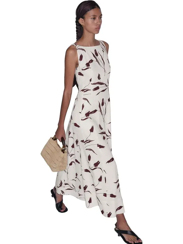 ME+EM Crease-less Linen Modern Tulips Print Maxi Dress - Light Cream/brown