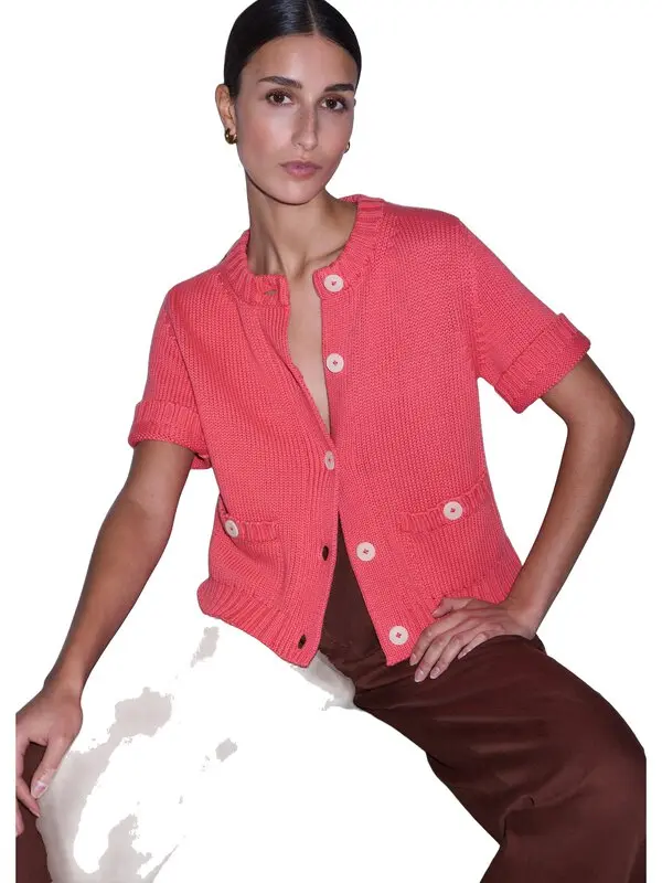 ME+EM Button-front Knit Top - Candy Coral