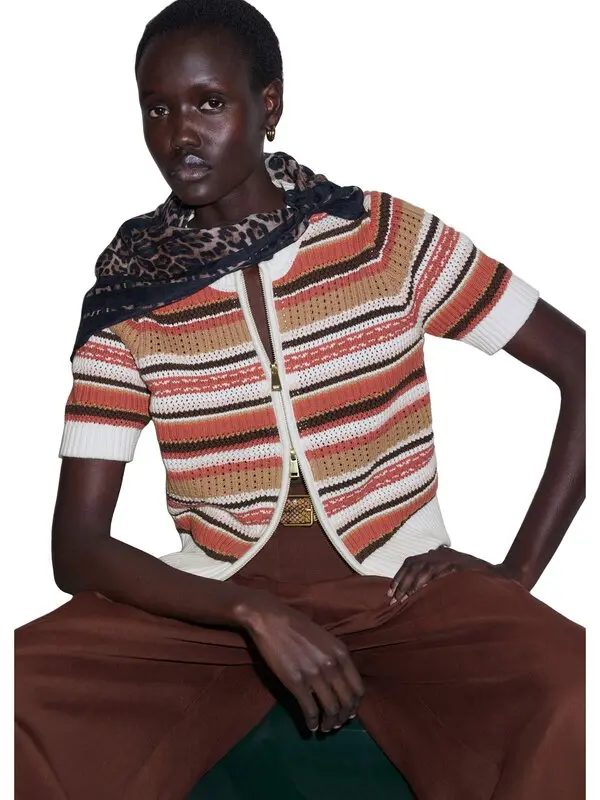 ME+EM Textured Stripe Zip-up Tee - Cinnamon Multi