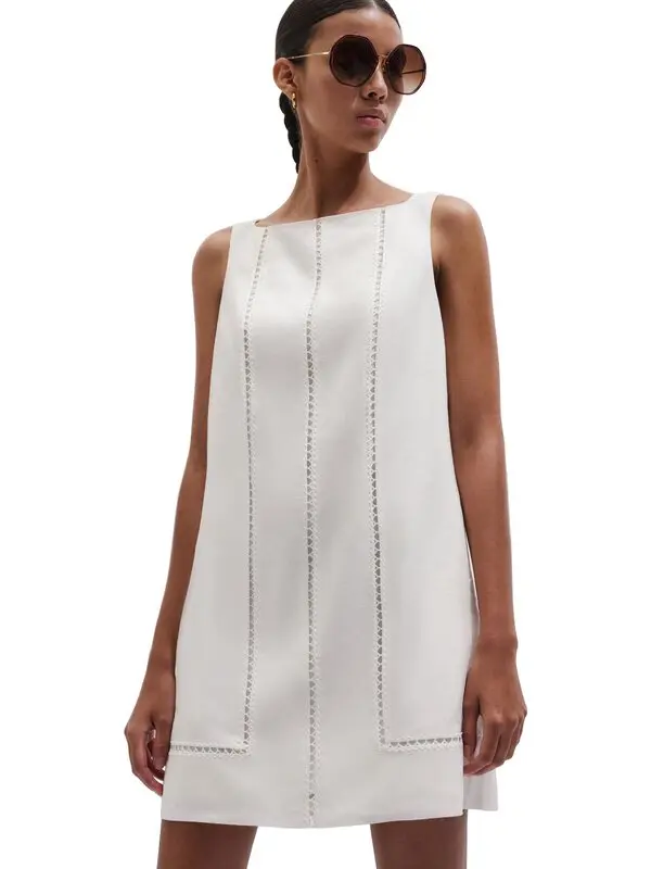ME+EM Crease-less Linen Stitch Detail Mini Shift Dress - Soft White