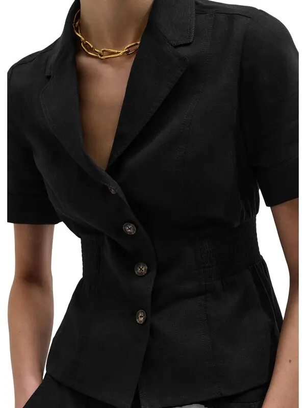 ME+EM Crease-less Linen Top With Shirred Waist - Black