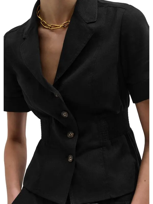 ME+EM Crease-less Linen Top With Shirred Waist - Black
