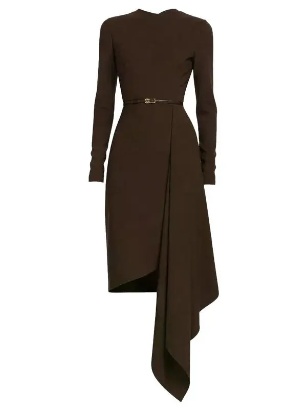 Elie Saab Belted Draped Midi Dress - Brown