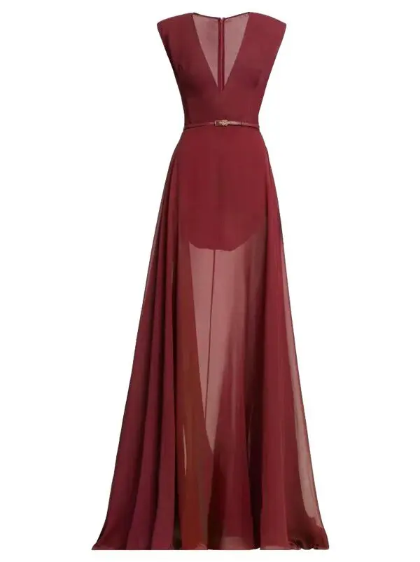 Elie Saab V-neck Belted Maxi Dress - Red