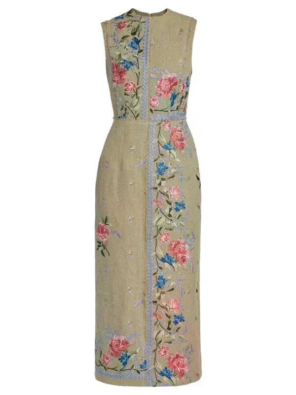 Erdem Linen Floral Embellished Midi Dress - Neutrals