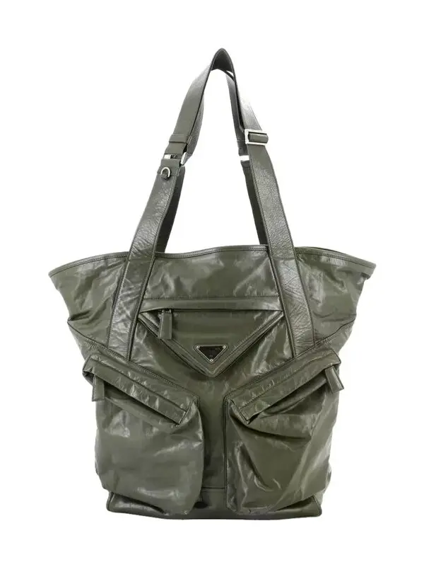 Prada Triple Front Pocket Leather Tall Tote - Green