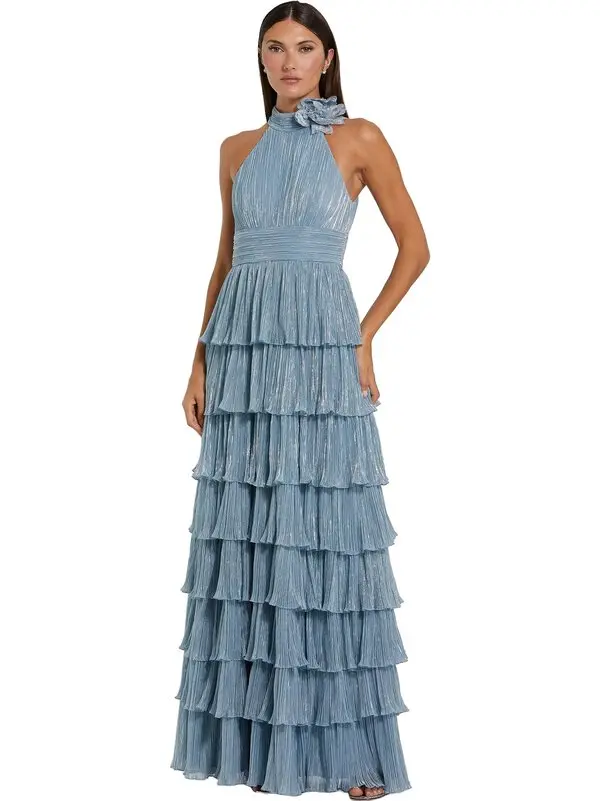 Mac Duggal Metallic Halter Neck Ruffle Gown With 3d Flower - Powder Blue
