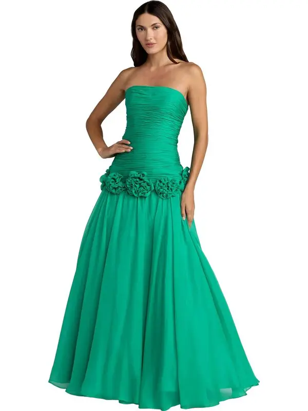 Mac Duggal Strapless Chiffon Ball Gown With 3d Floral Appliques - Spring Green