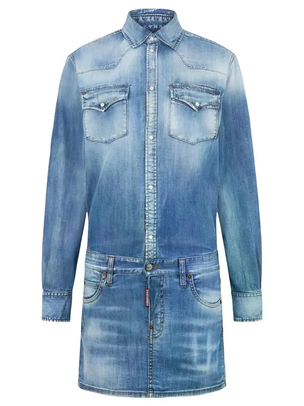 Dsquared2 Light Wash Trucker Shirt Dress - Blue