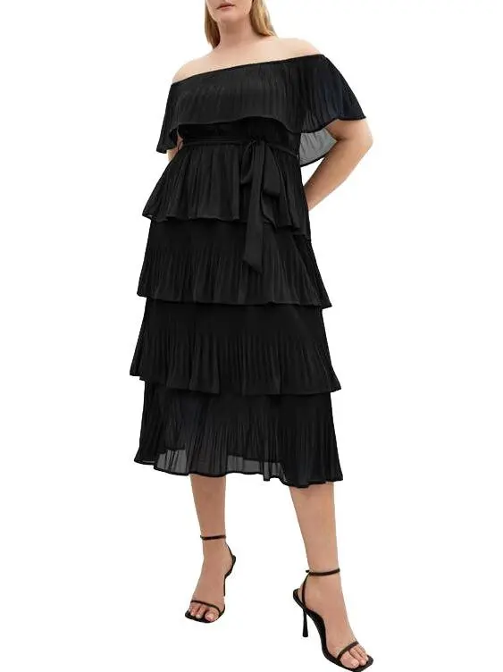 City Chic Off-the-shoulder Tiered Dress - Black