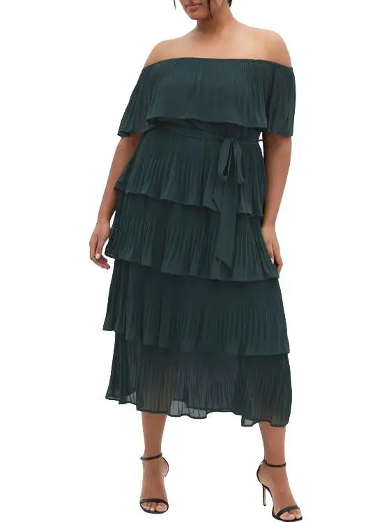 City Chic Off-the-shoulder Tiered Dress - Green Teal