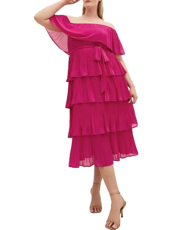 City Chic Off-the-shoulder Tiered Dress - Hot Pink