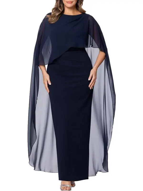 XSCAPE EVENINGS Attached Chiffon Cape Column Gown - Navy