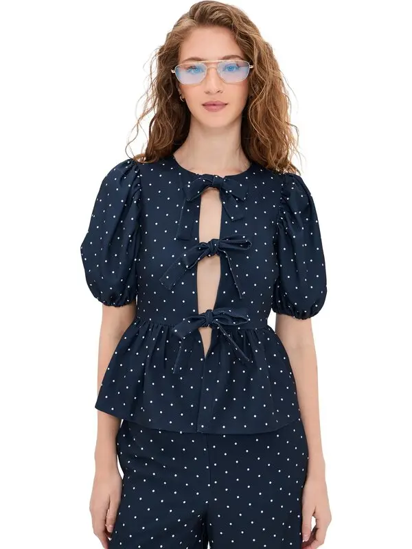English Factory Polka Dot Puff Sleeve Top - Navy