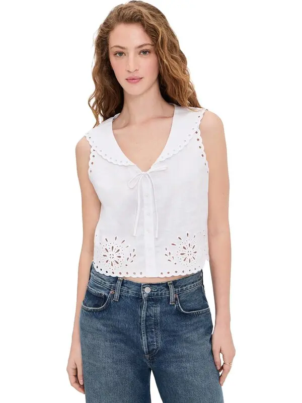 LE JEAN Embroidered Eyelet Sailor Top - White