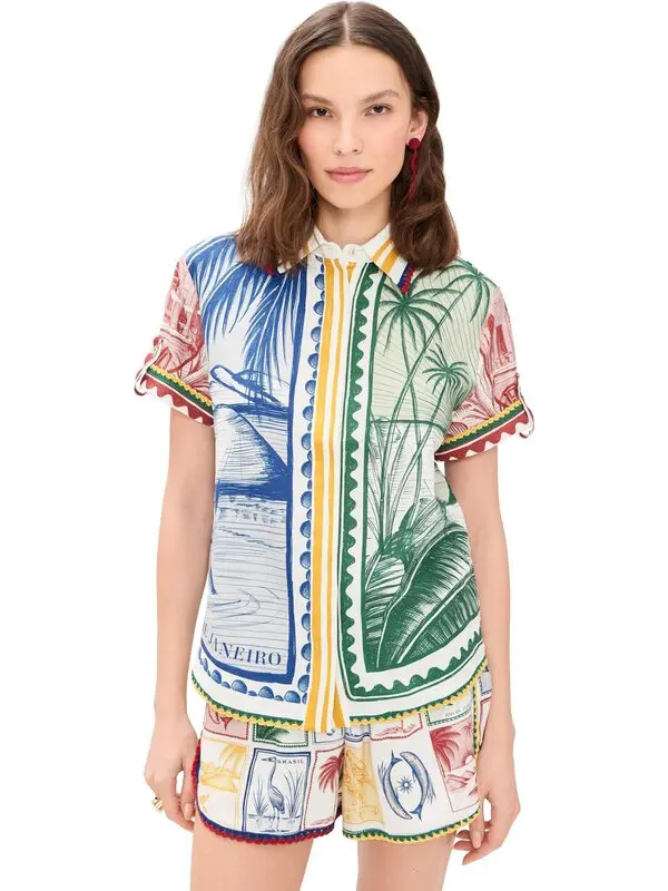 Farm Rio Tropical Print Embroidered Shirt - Brasil Vintage Off-white