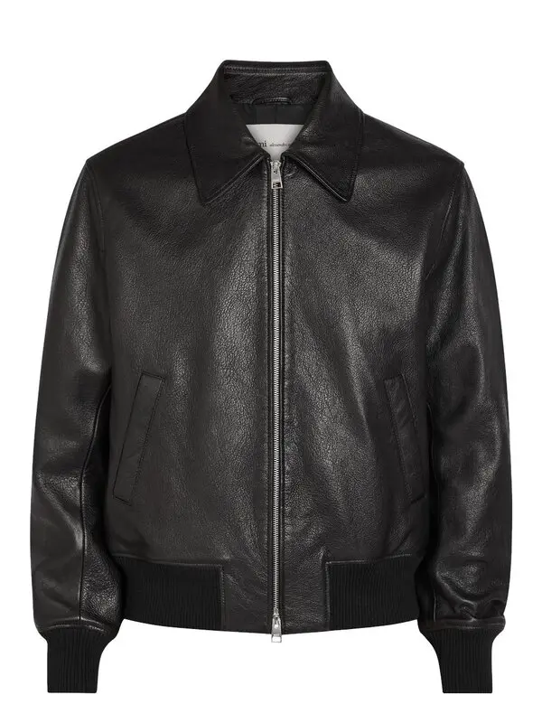 AMI Paris Grained Leather Bomber Jacket - Black